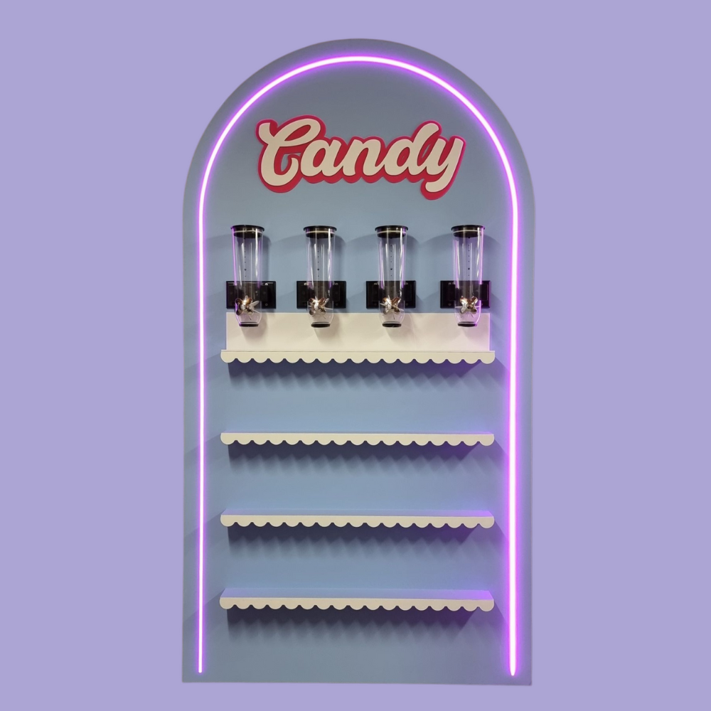 Candy Lolly Wall Hire – Neon Sign, 4 Dispensers & Shelves | Party Prop ...